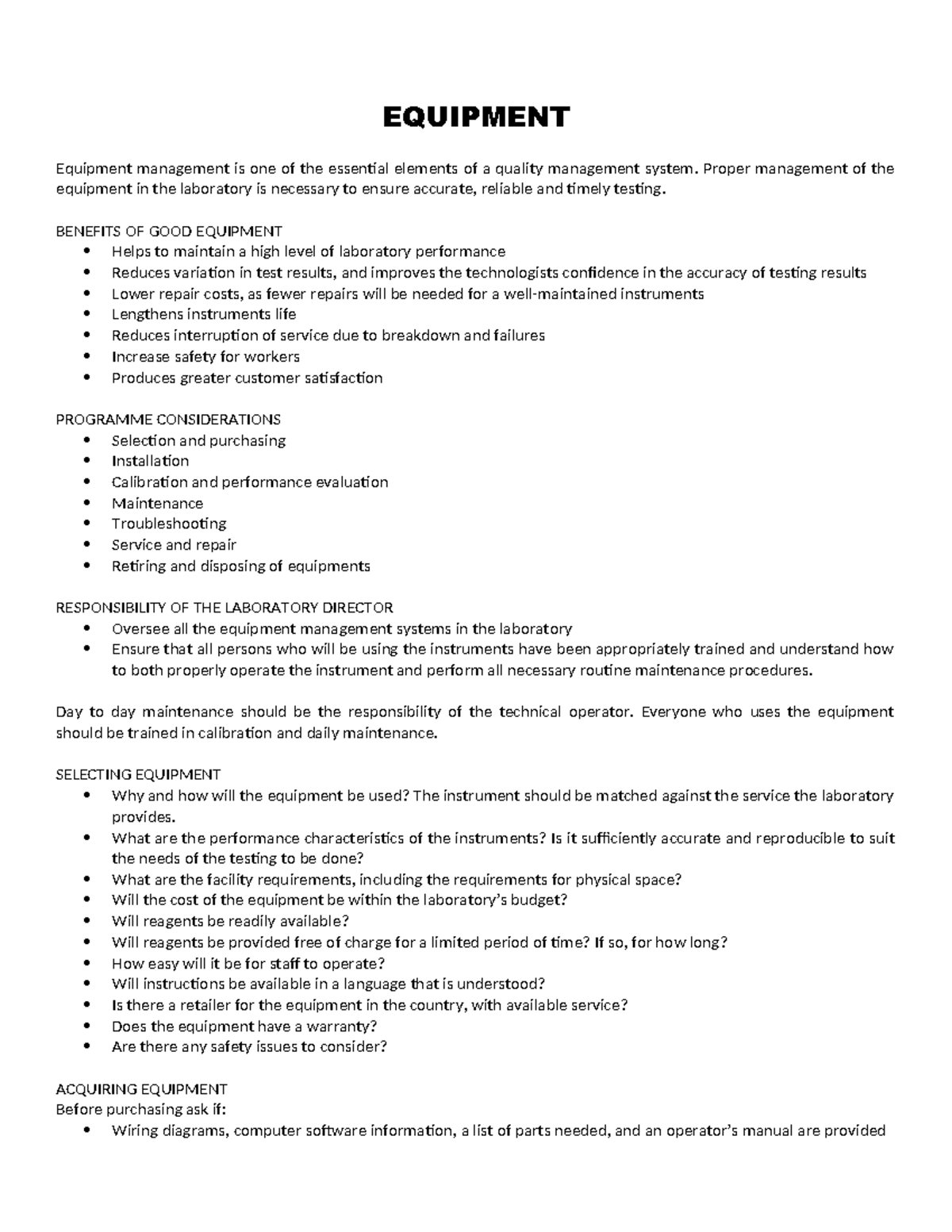 EQUIPMENT MANAGEMENT: Essential Notes for Quality Systems - Studocu