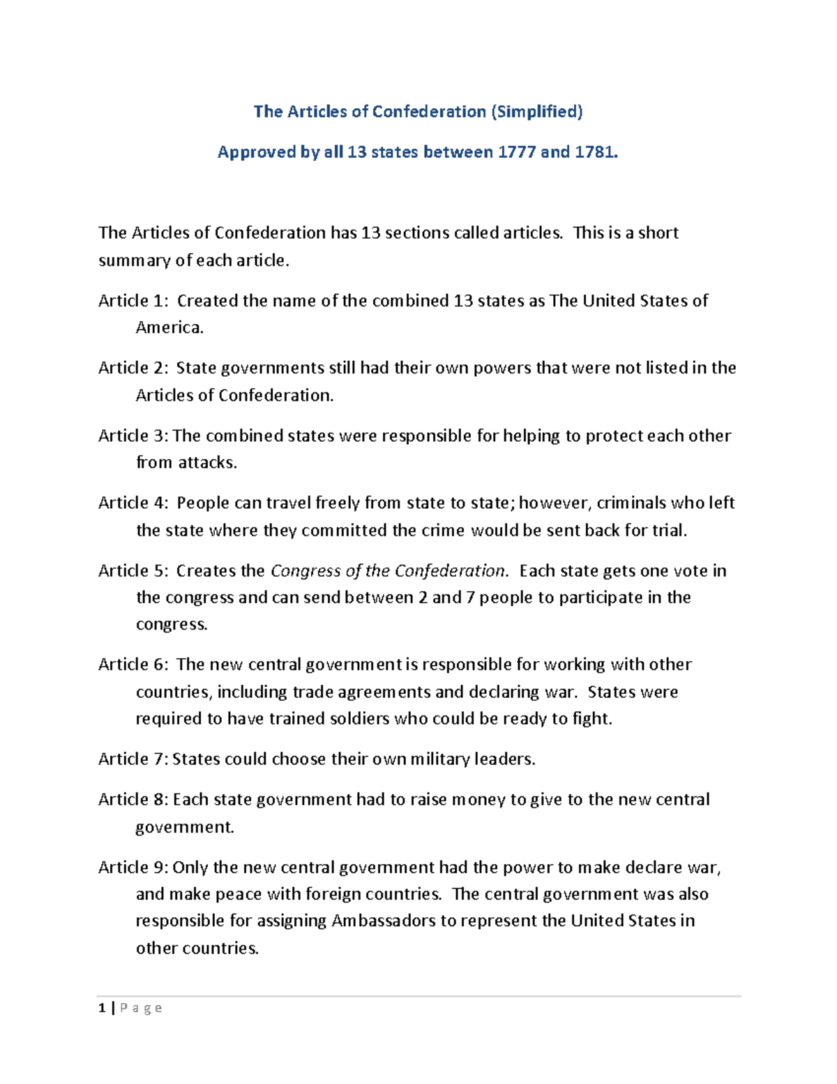 Simplified Summary of The Articles of Confederation & Bill of Rights ...