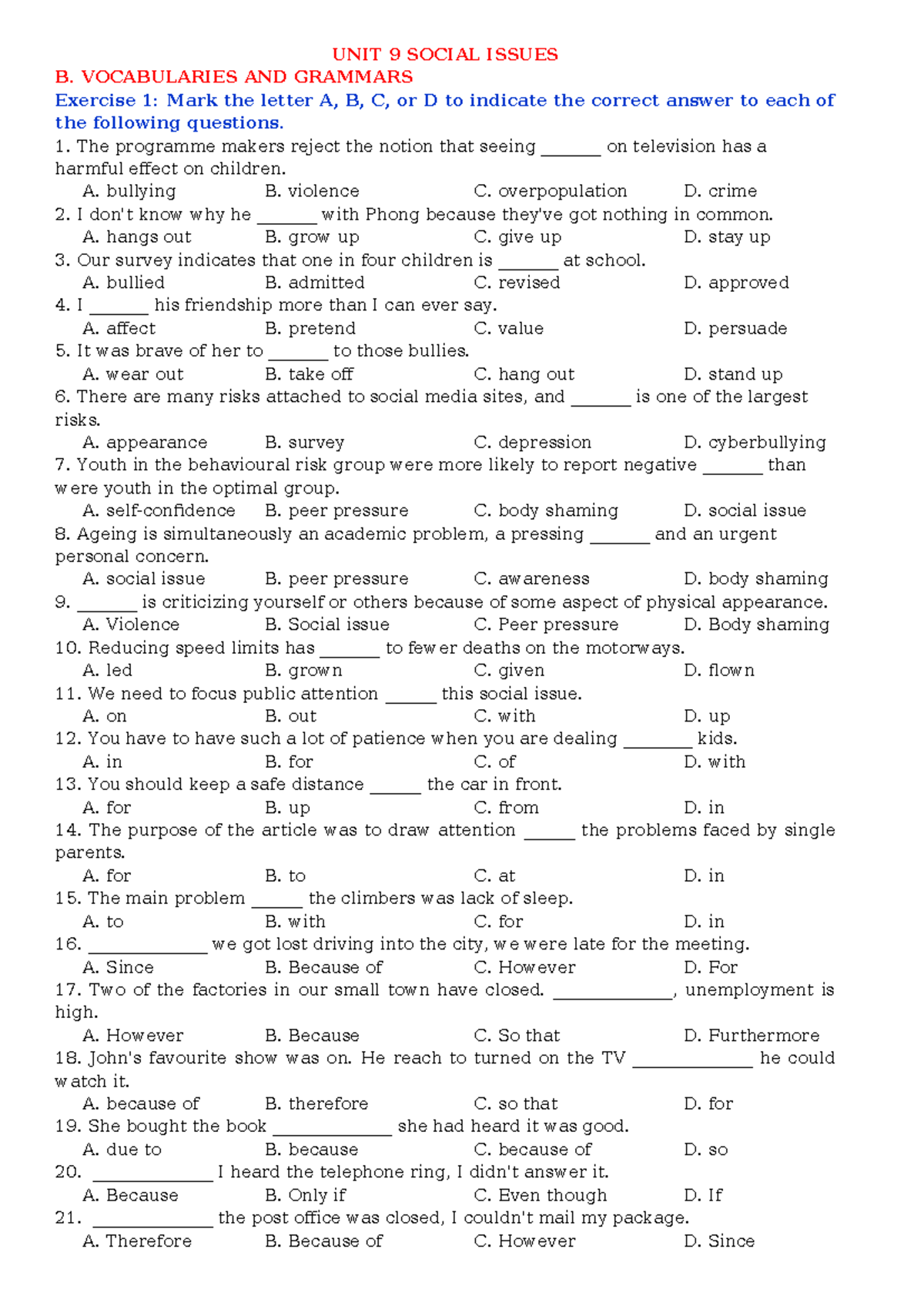 UNIT 9 Social Issues: Vocabulary & Grammar Exercises - Studocu