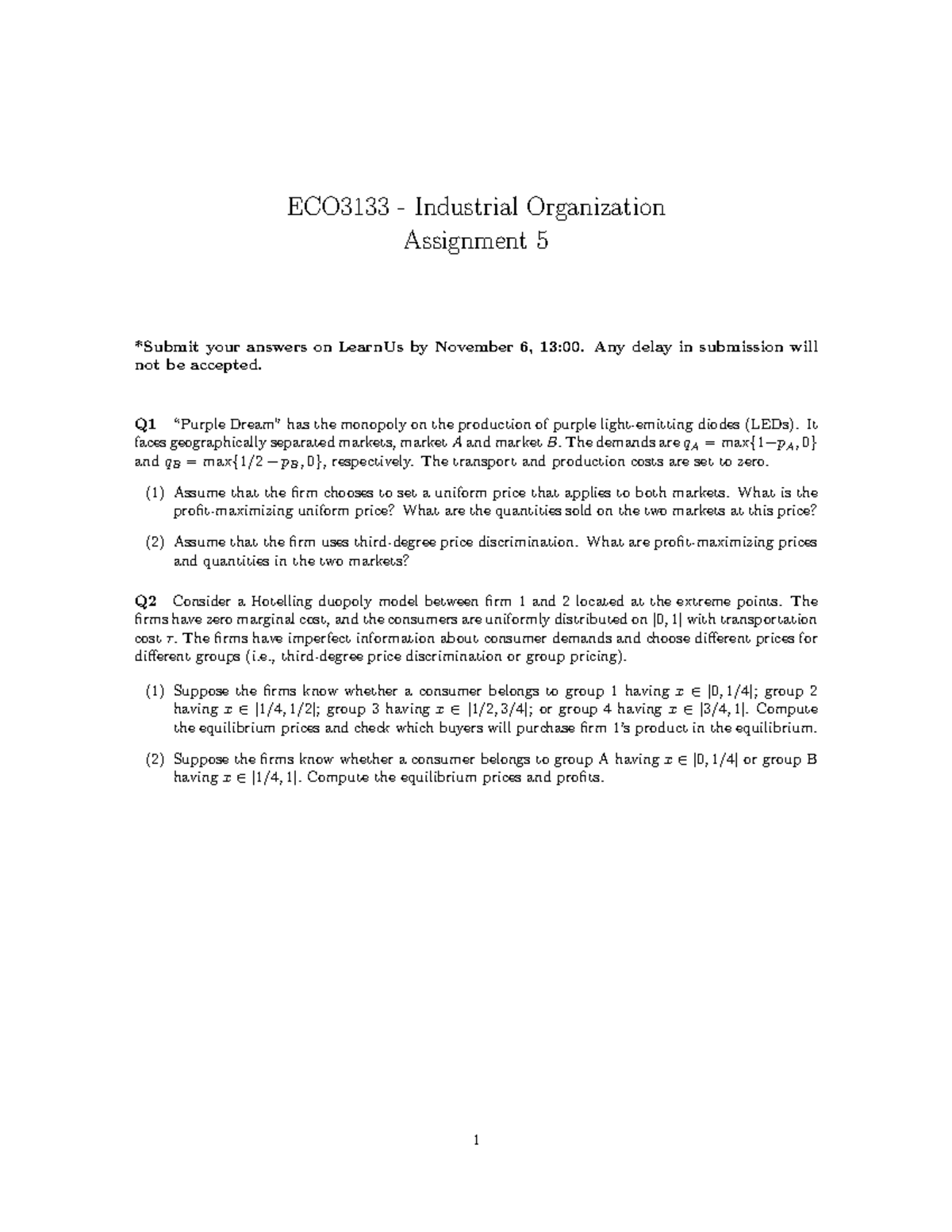 ECO3133 Industrial Organization Assignment 5: Price Discrimination ...