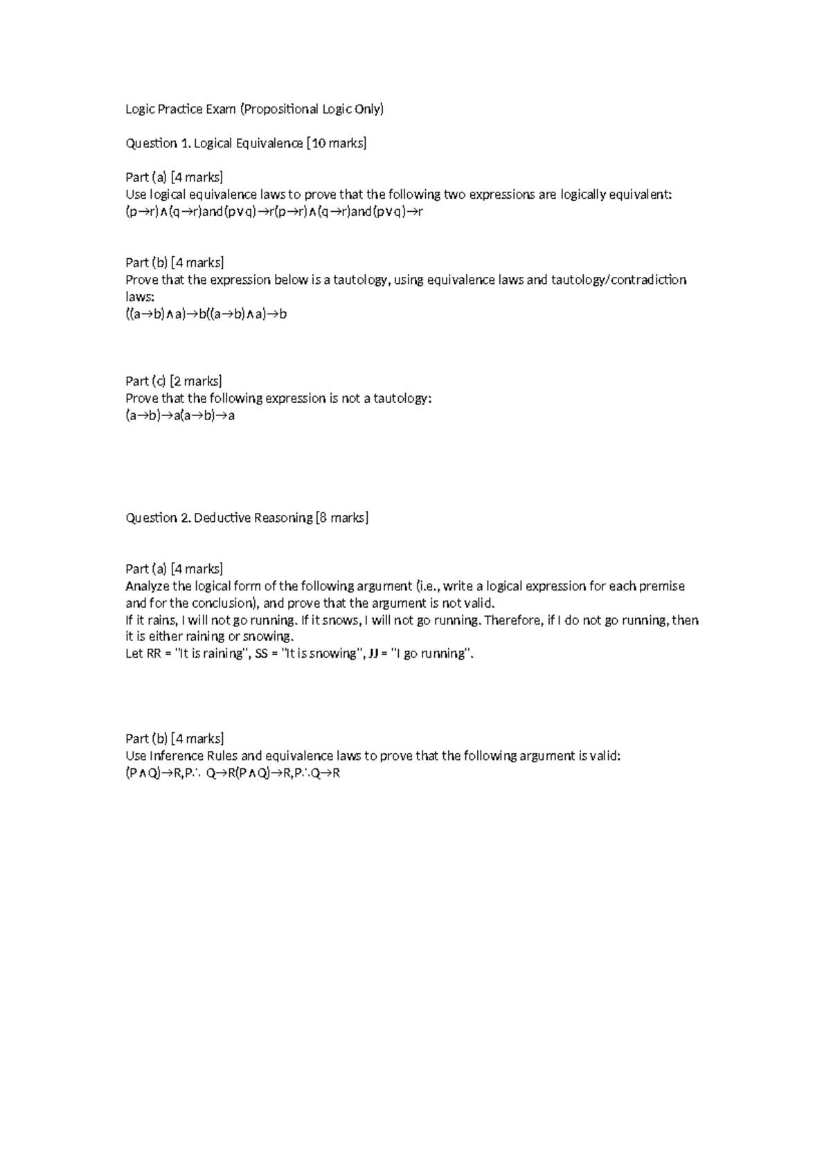 Logic Practice Exam (Propositional Logic) - Term Test 1 Practice - Studocu
