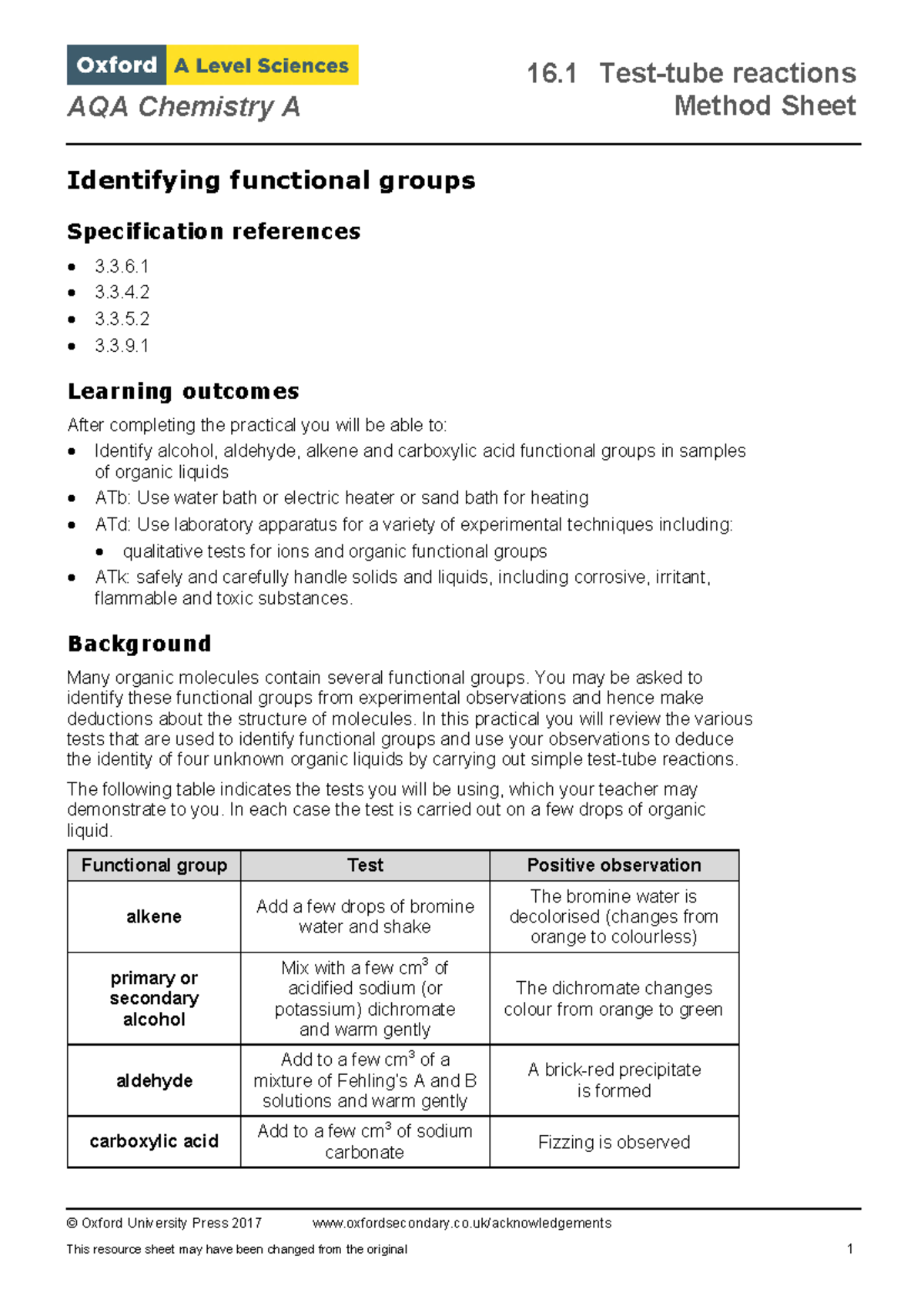L1 Identifying Functional Groups: AQA Chemistry A Lab Method Guide ...