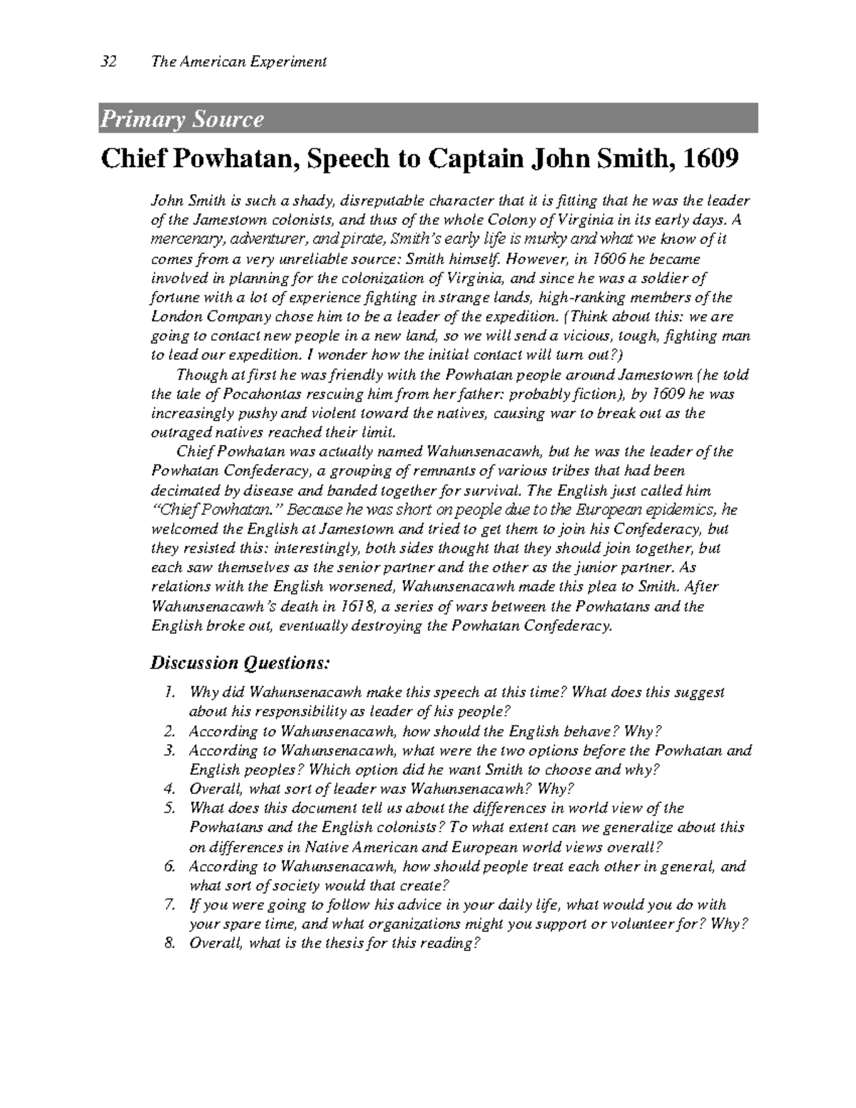 Powhatan's Speech to Captain John Smith: A Call for Peace and ...