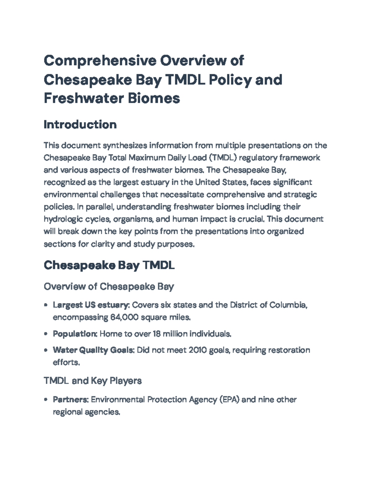 Chesapeake Bay TMDL Policy and Freshwater Biomes Overview ...