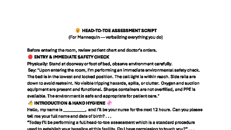 Head to Toe Script - Guide to practice for lab evaluation demonstrating ...