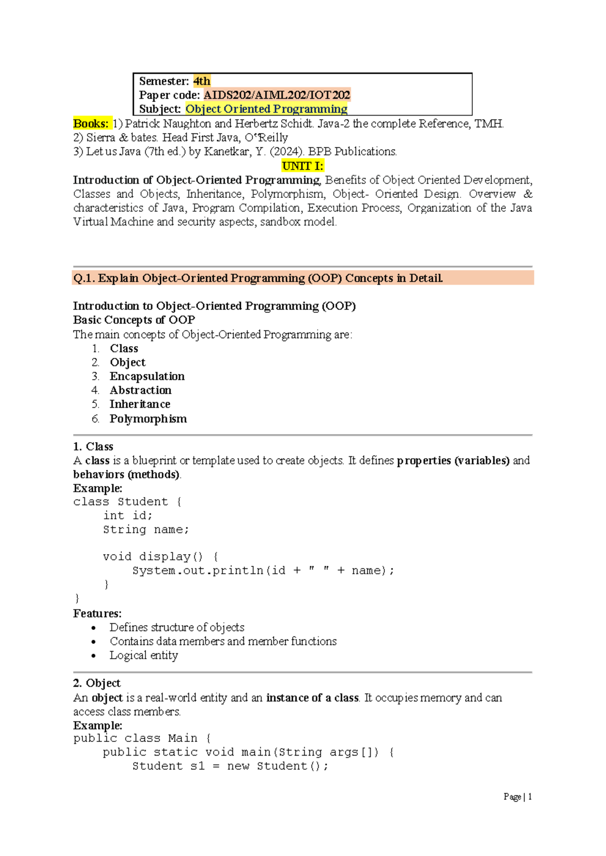 OOP Concepts and Java Programming Notes (CS101) - Unit 1 - Studocu