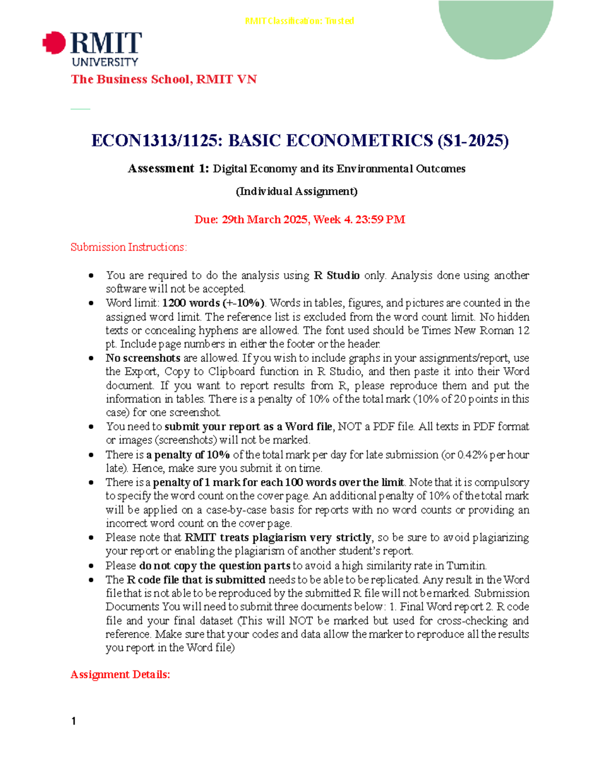 Assignment 1 ECO1313 S1 25 - The Business School, RMIT VN — ECON1313/1125: BASIC ECONOMETRICS ...
