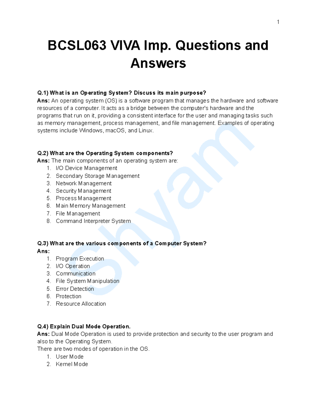 BCSL063 VIVA Essential Q&A on Operating Systems and Components - Studocu