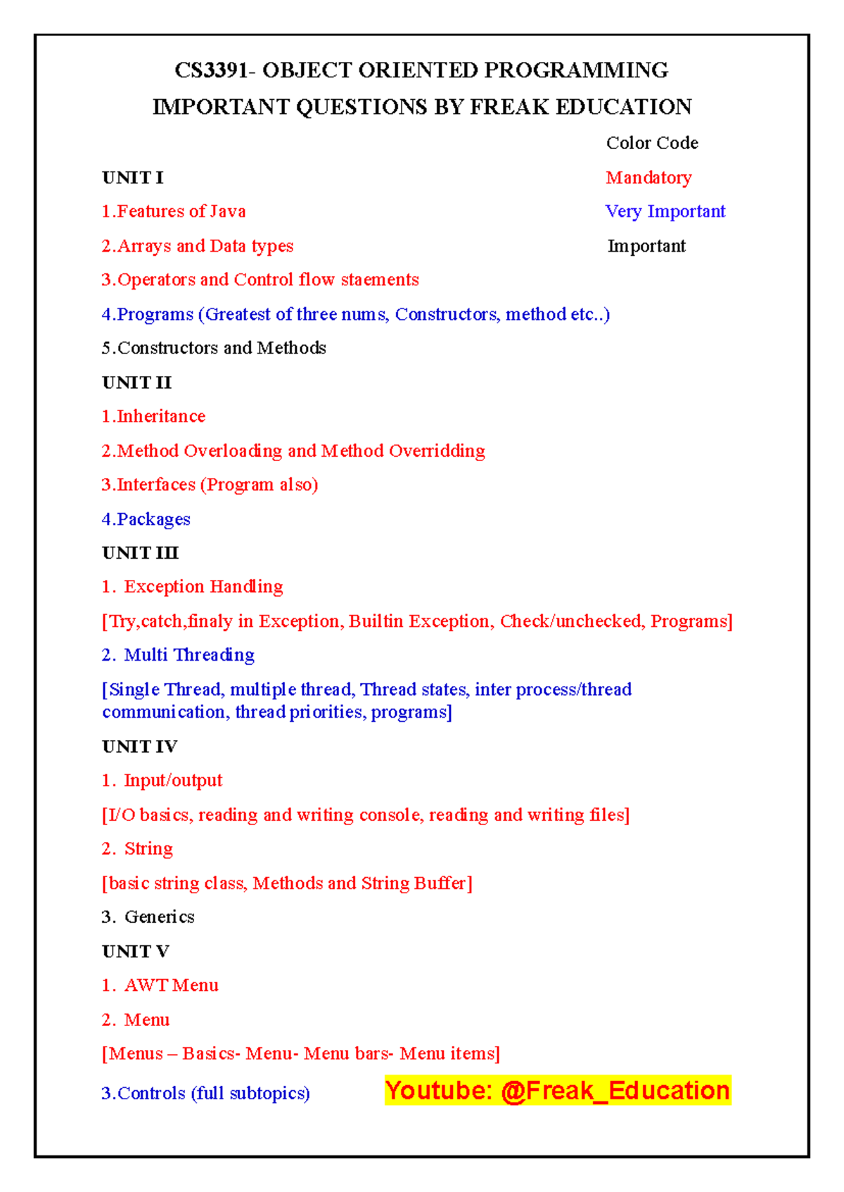 CS3391 OOPS Important questions - CS3391- OBJECT ORIENTED PROGRAMMING IMPORTANT QUESTIONS BY ...