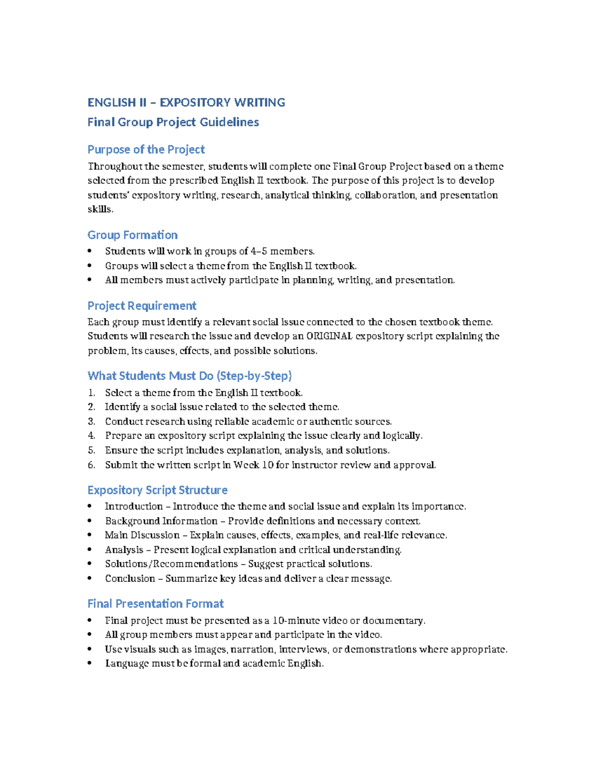 ENGLISH II EXPOSITORY WRITING Final Group Project Guidelines - Studocu