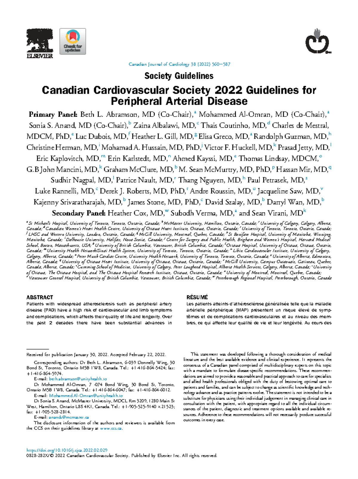 CCS 2022 Guidelines for Peripheral Arterial Disease Management - Studocu