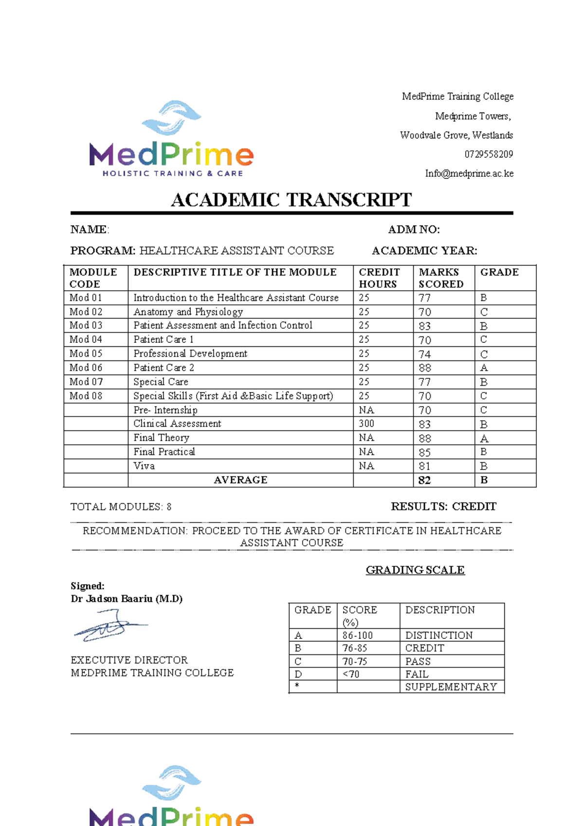 HCA 101 Academic Transcript - Healthcare Assistant Course - Studocu