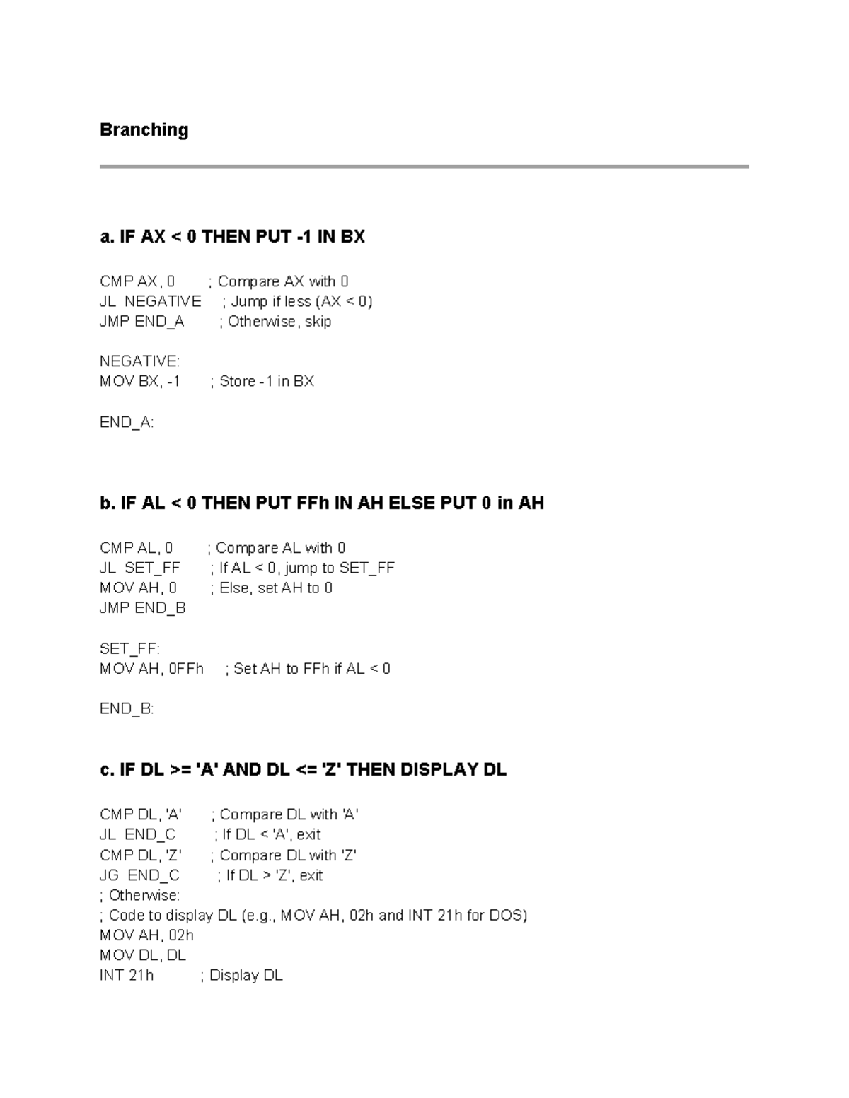 Assembly Language Conditional Statements - Week 9 to Week 13 - Studocu