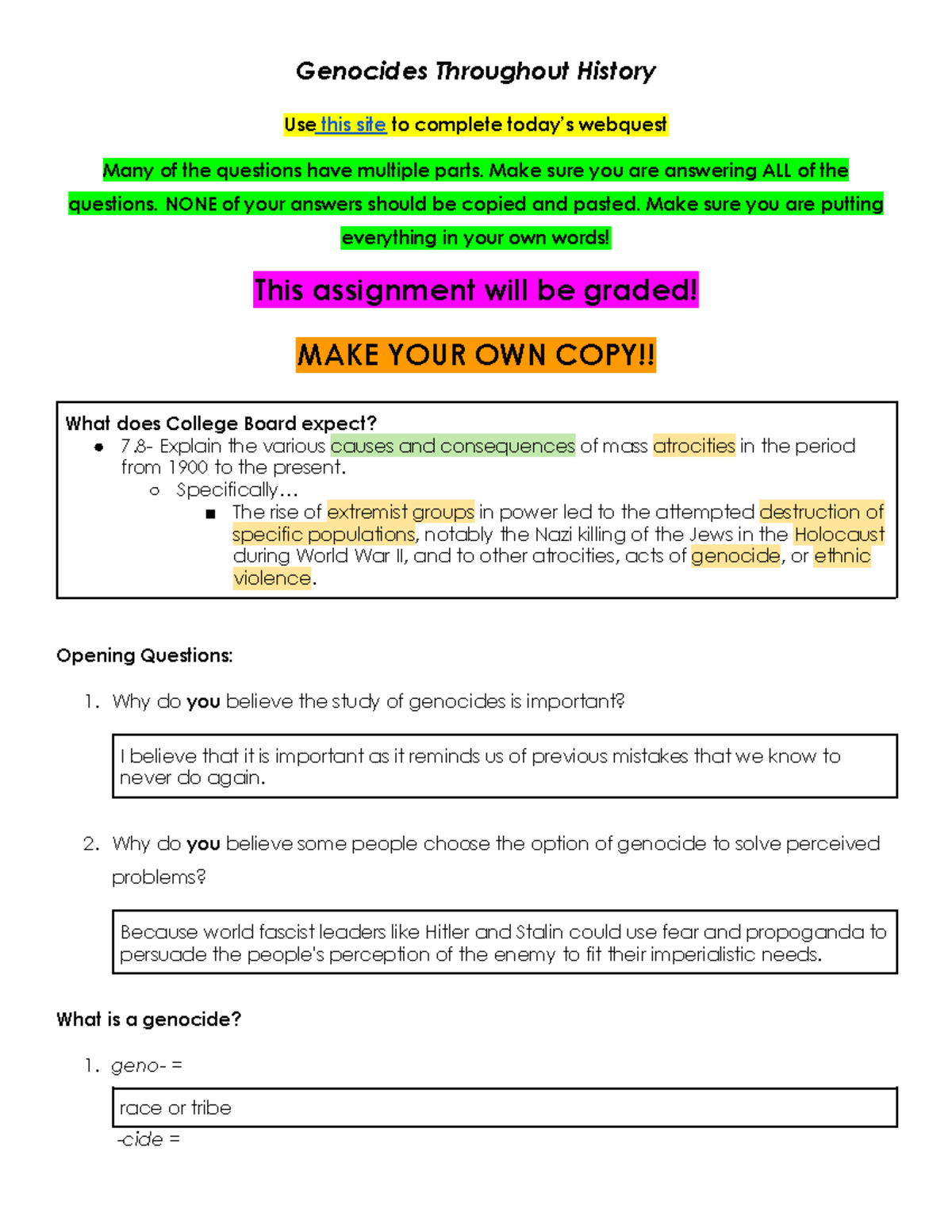 Genocides throughout History webquest - Genocides Throughout History ...