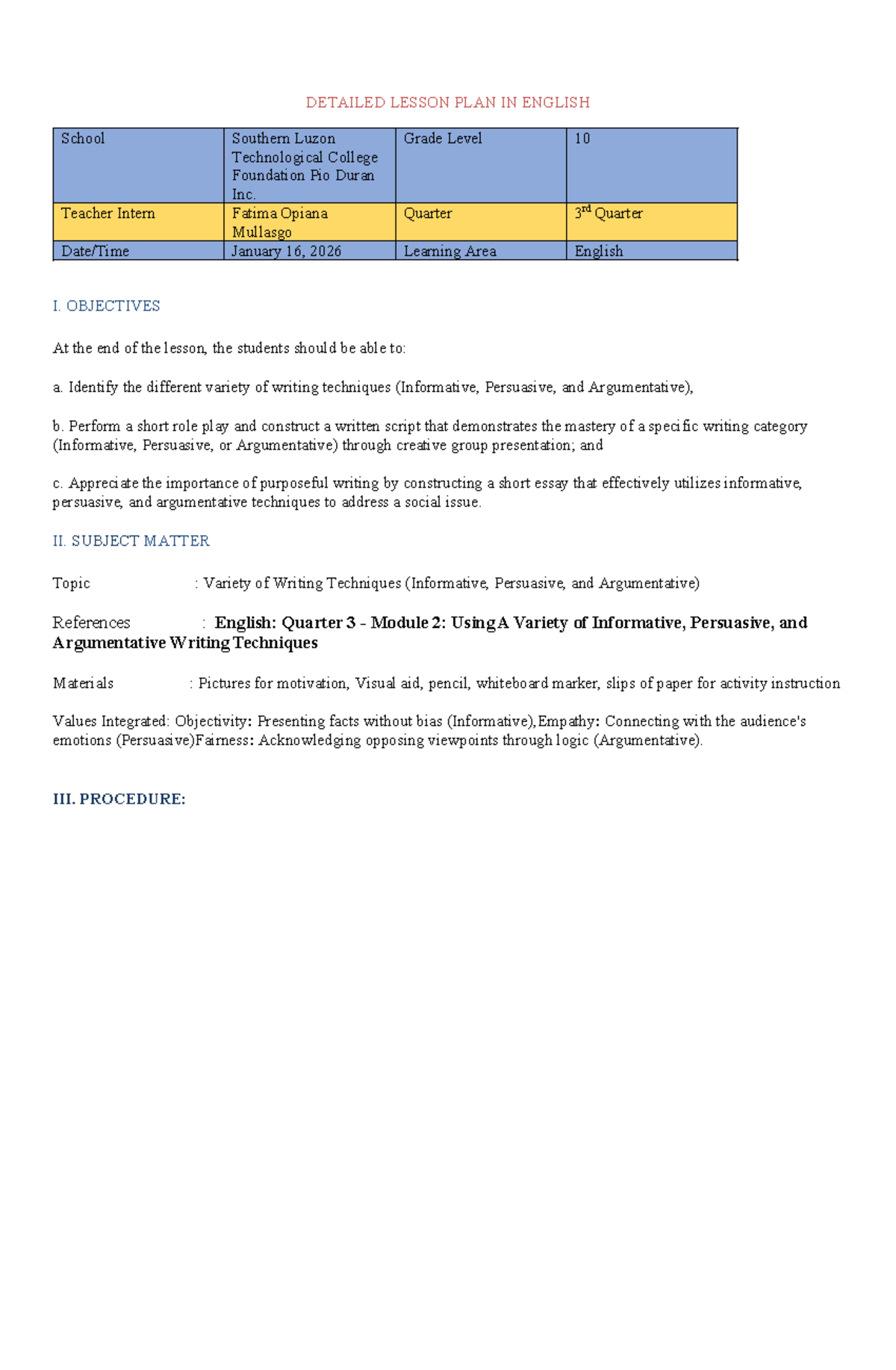 Detailed Lesson Plan in English 10: Writing Techniques for 3rd Qtr ...