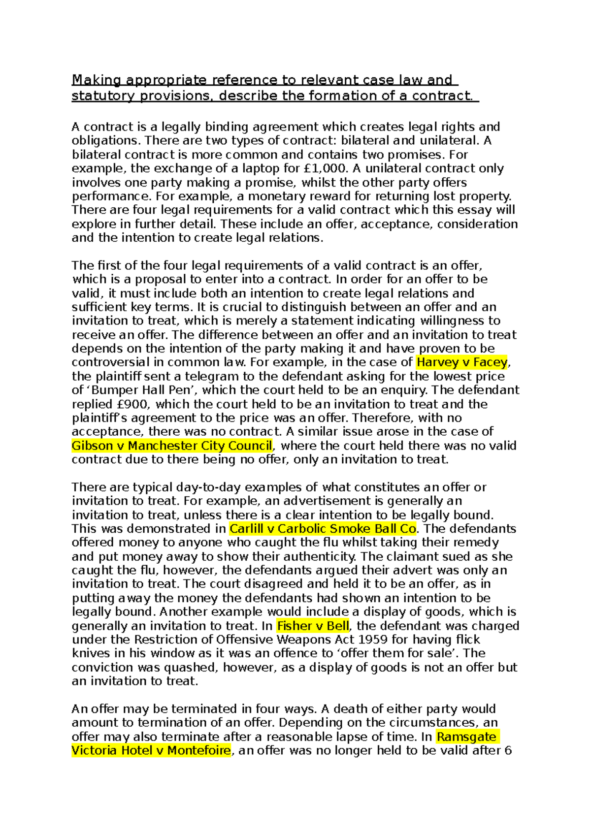 Formation of a Contract: Legal Requirements and Case Law Analysis - Studocu