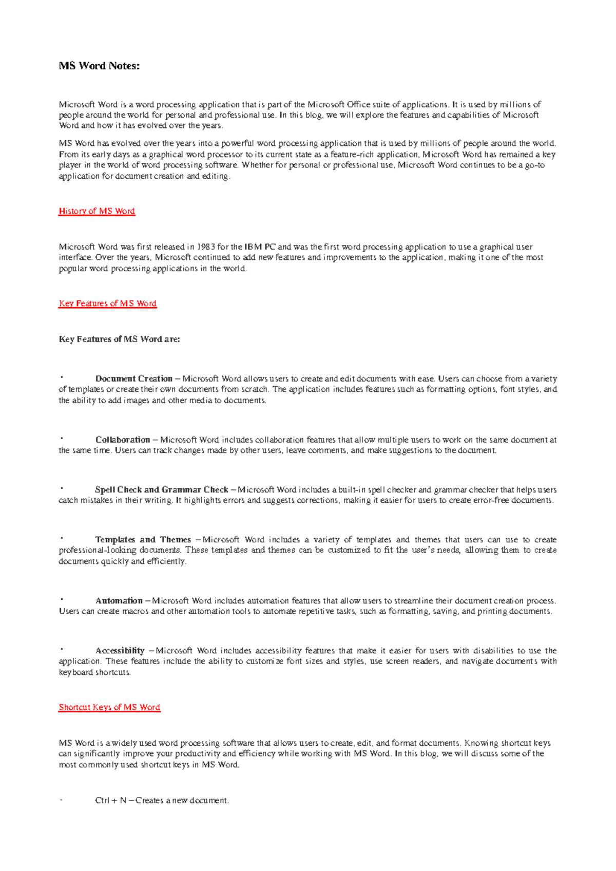 MS Word Overview: Key Features & Shortcuts - LECTURE NOTES - Studocu