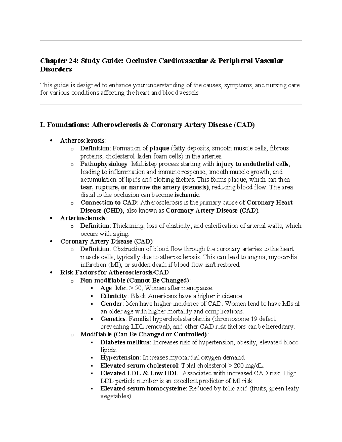 Chapter 24: Study Guide on Nursing Care for Occlusive Cardiovascular ...
