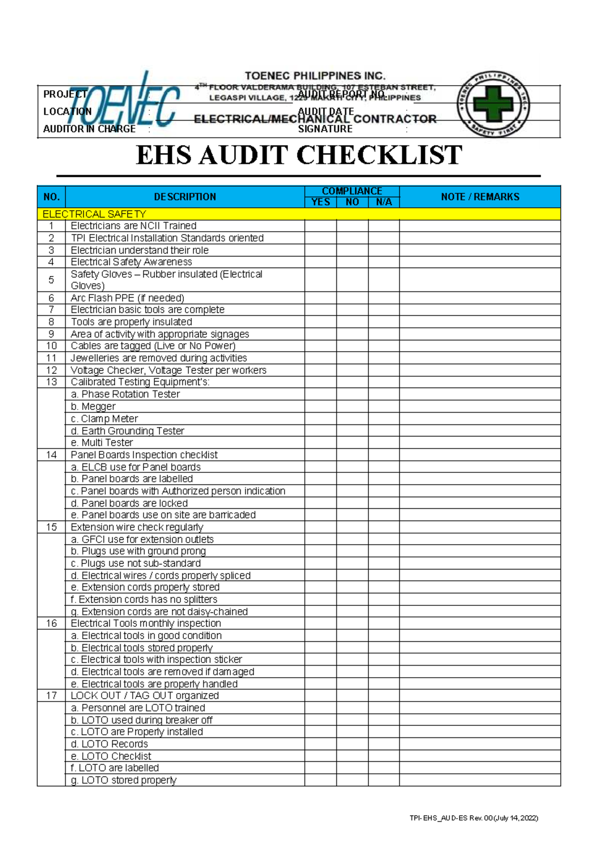 EHS Audit Checklist: Electrical Safety Compliance TPI-EHS-AUD 002 - Studocu