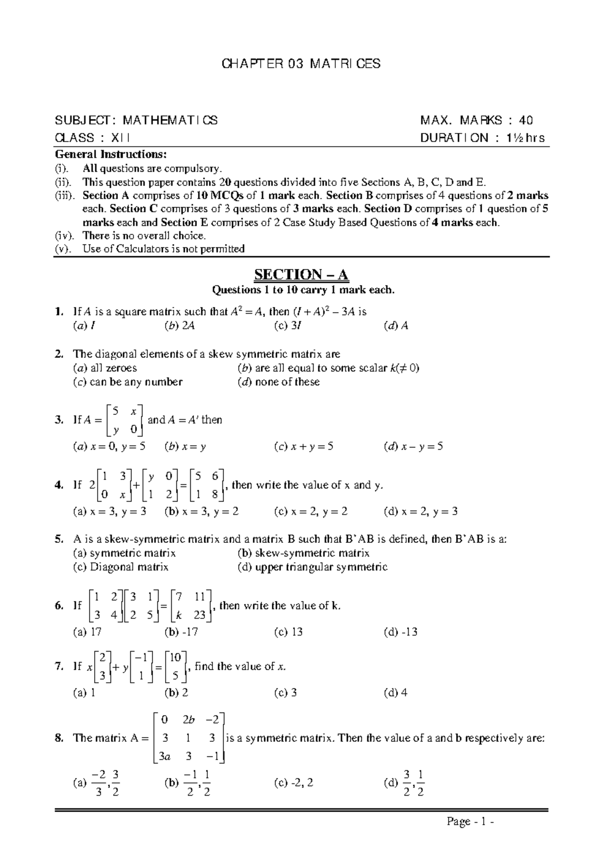 CHAPTER 03 MATRICES - CLASS XII MATHEMATICS STUDY NOTES - Studocu