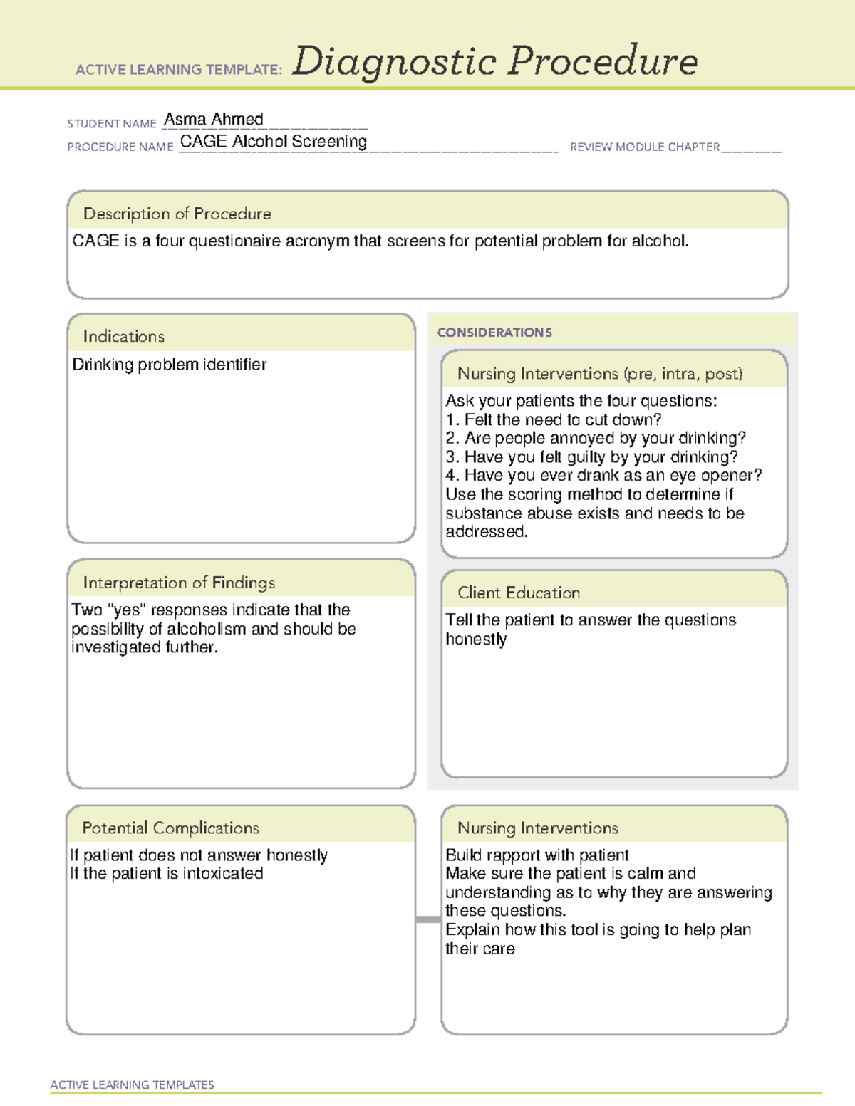 ATI Diagnostic Procedure: CAGE Alcohol Screening Template - Studocu