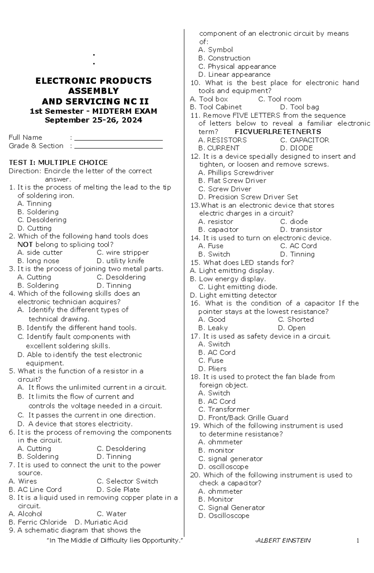 ELECTRONIC PRODUCTS ASSEMBLY NC II 1st Sem MIDTERM EXAM SY 2024-25 ...