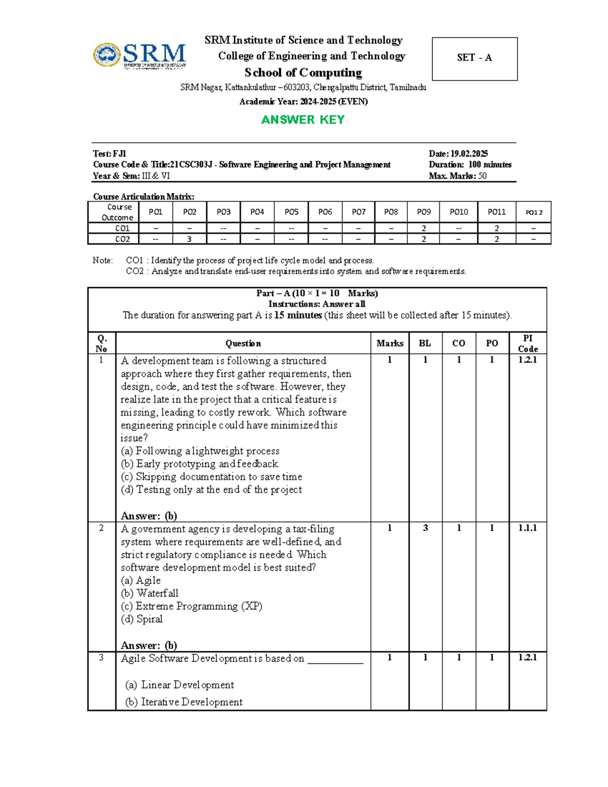 21CSC303J Software Engineering & Project Management - Answer Key - Studocu