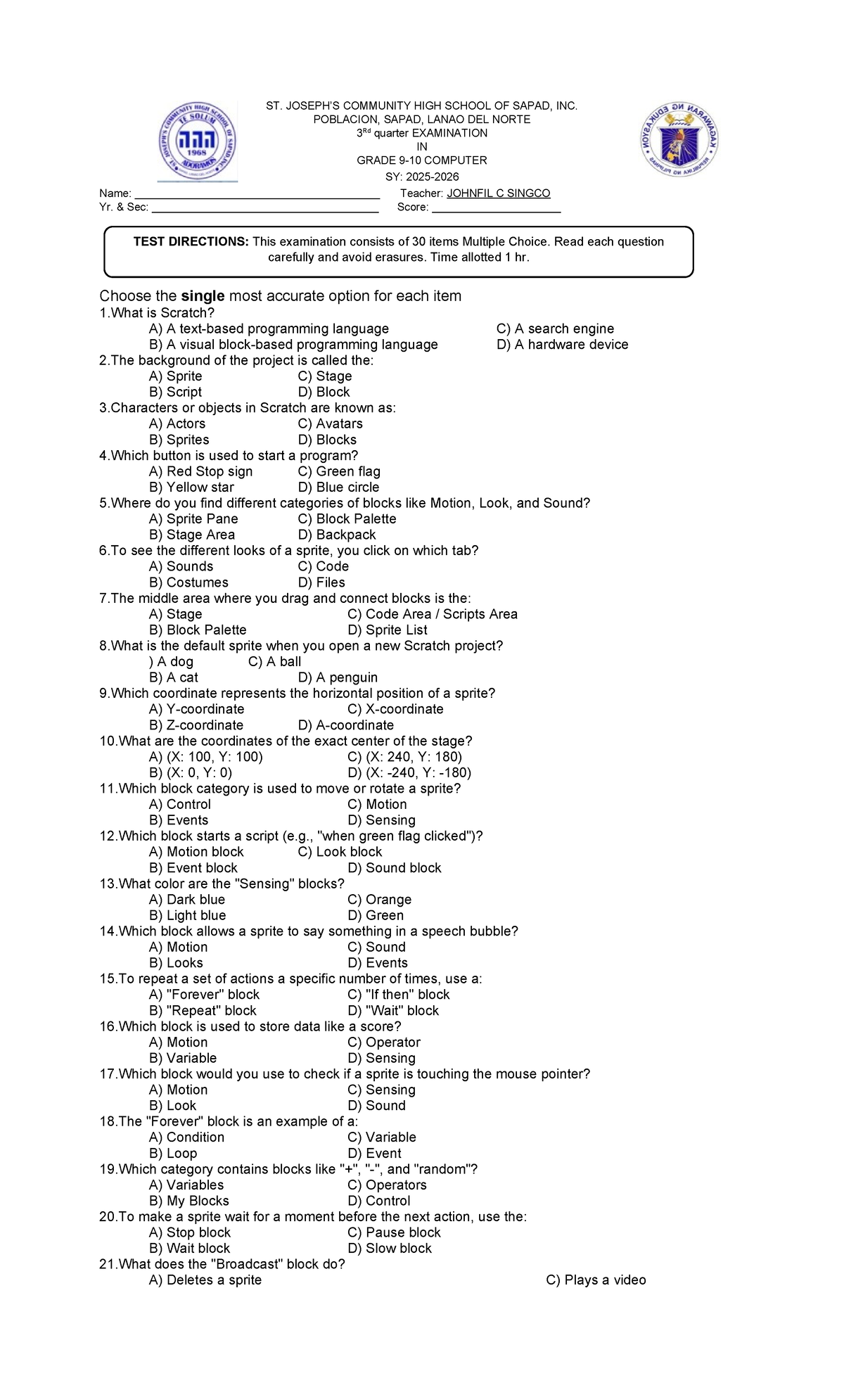 Grade 10 Computer 3rd Quarter Exam Questions and Answers - Studocu