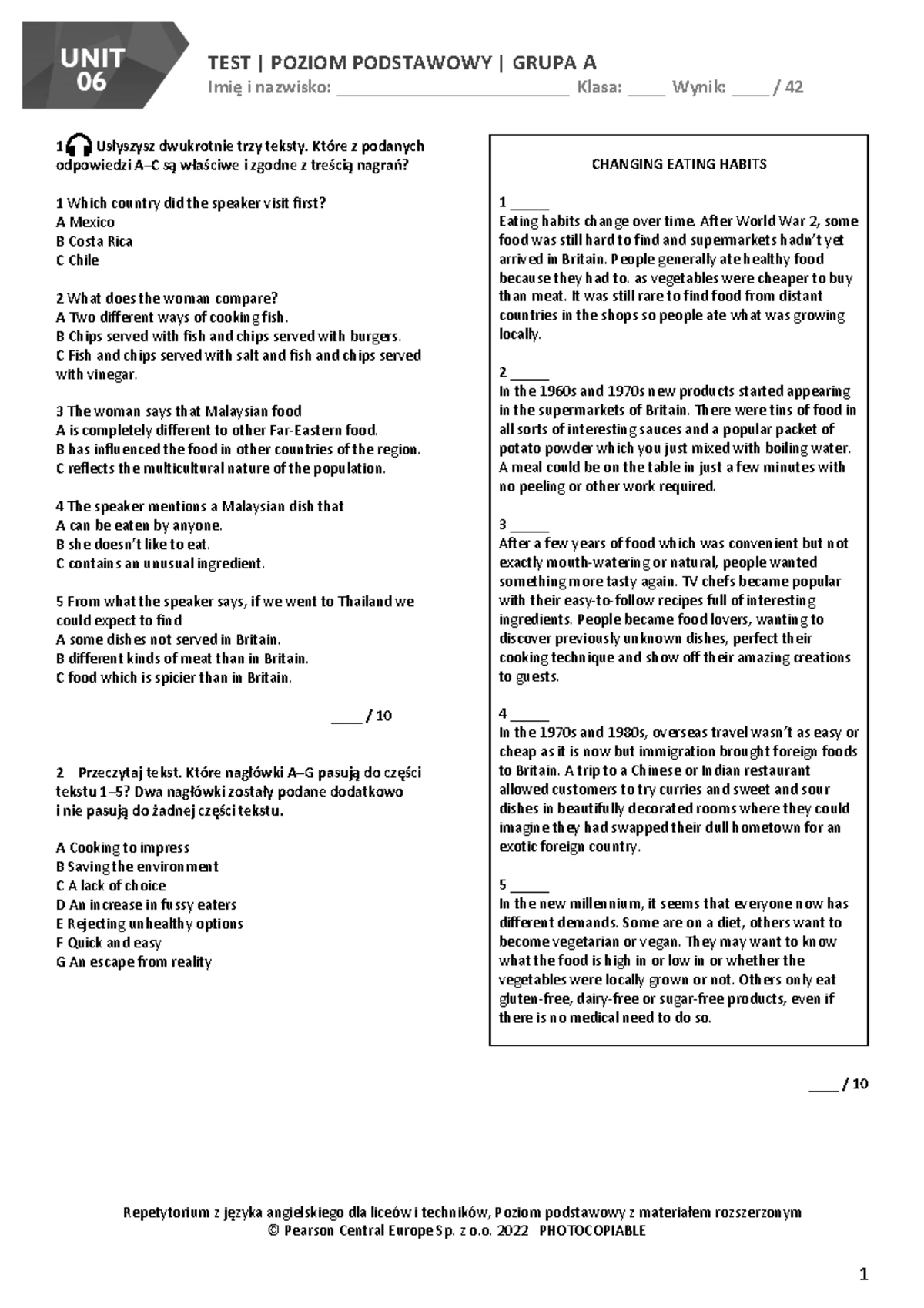 U6 Test PP gr A - Sprawdzian - Unit 6 Poziom podstawowy Test A Imię i ...