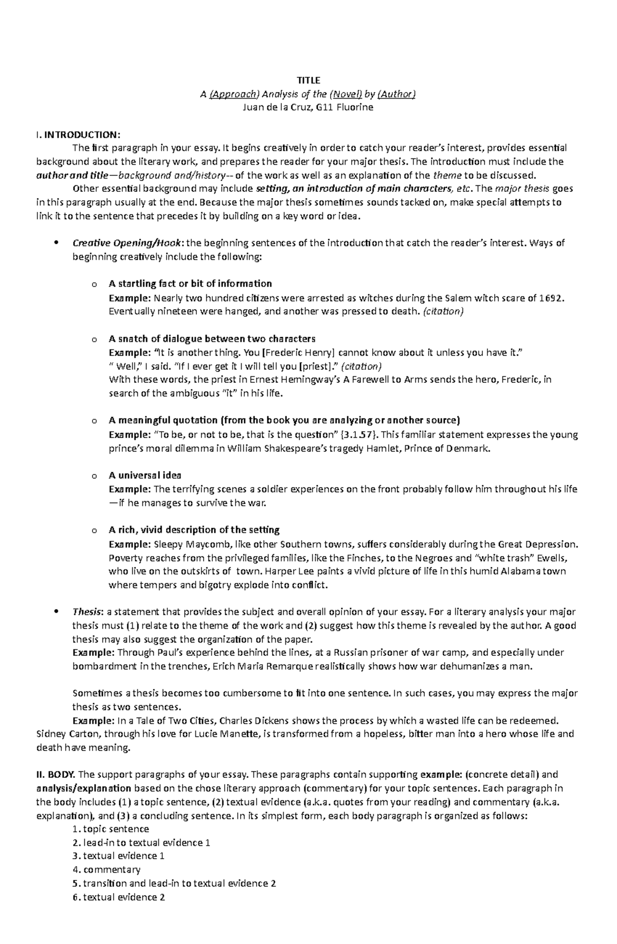 How to write a Literary Analysis - TITLE A (Approach) Analysis of the ...