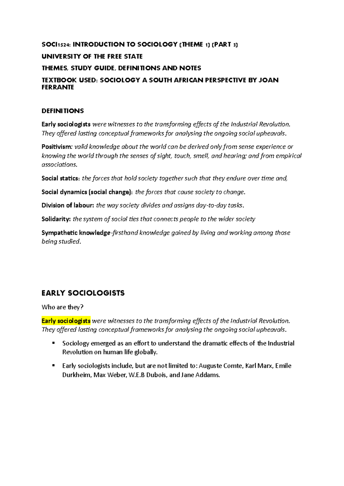 SOCI1524 Introduction to Sociology: Early Sociologists and Concepts ...