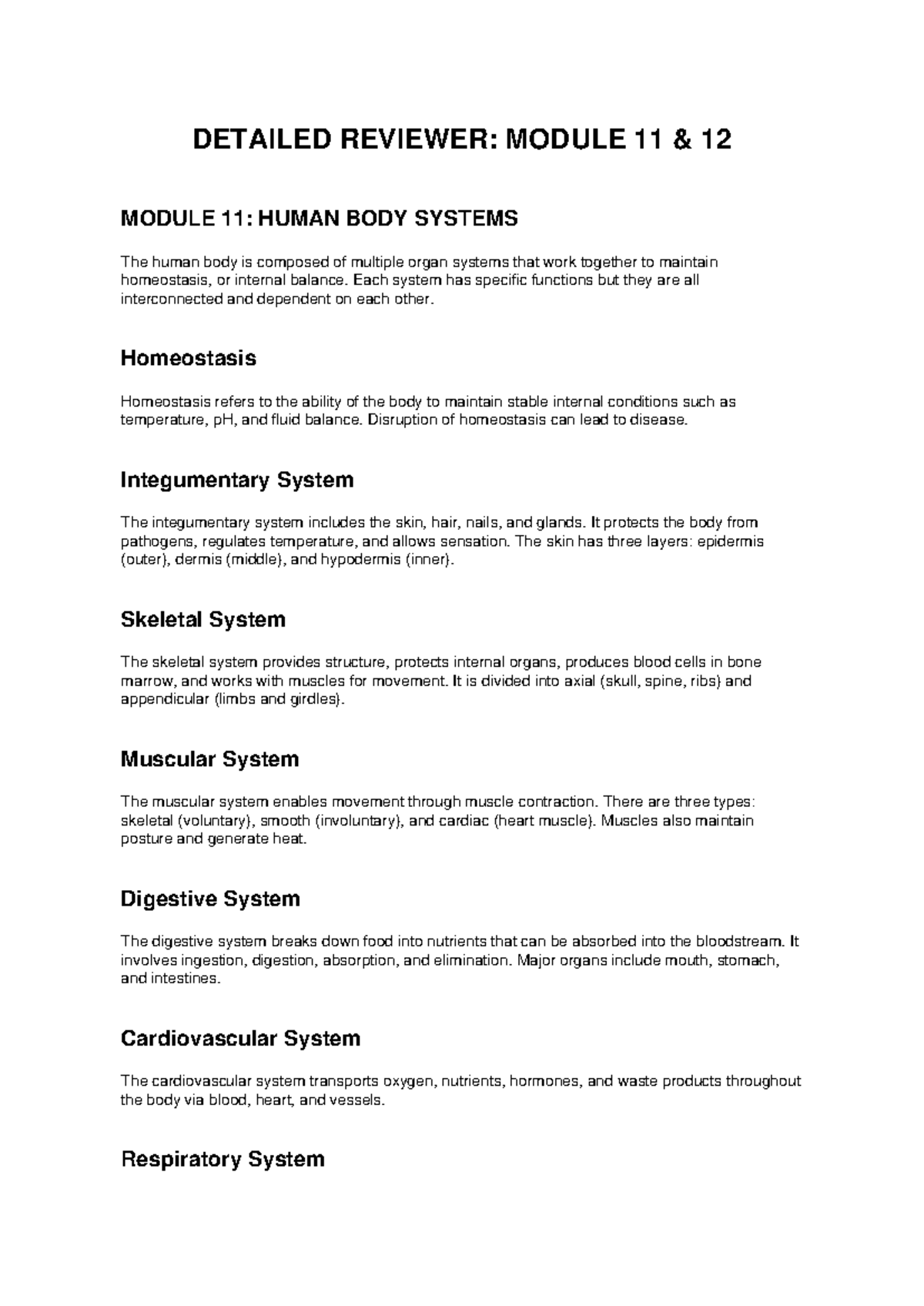 Module 11 & 12 Detailed Reviewer: Human Body Systems & Genetics - Studocu