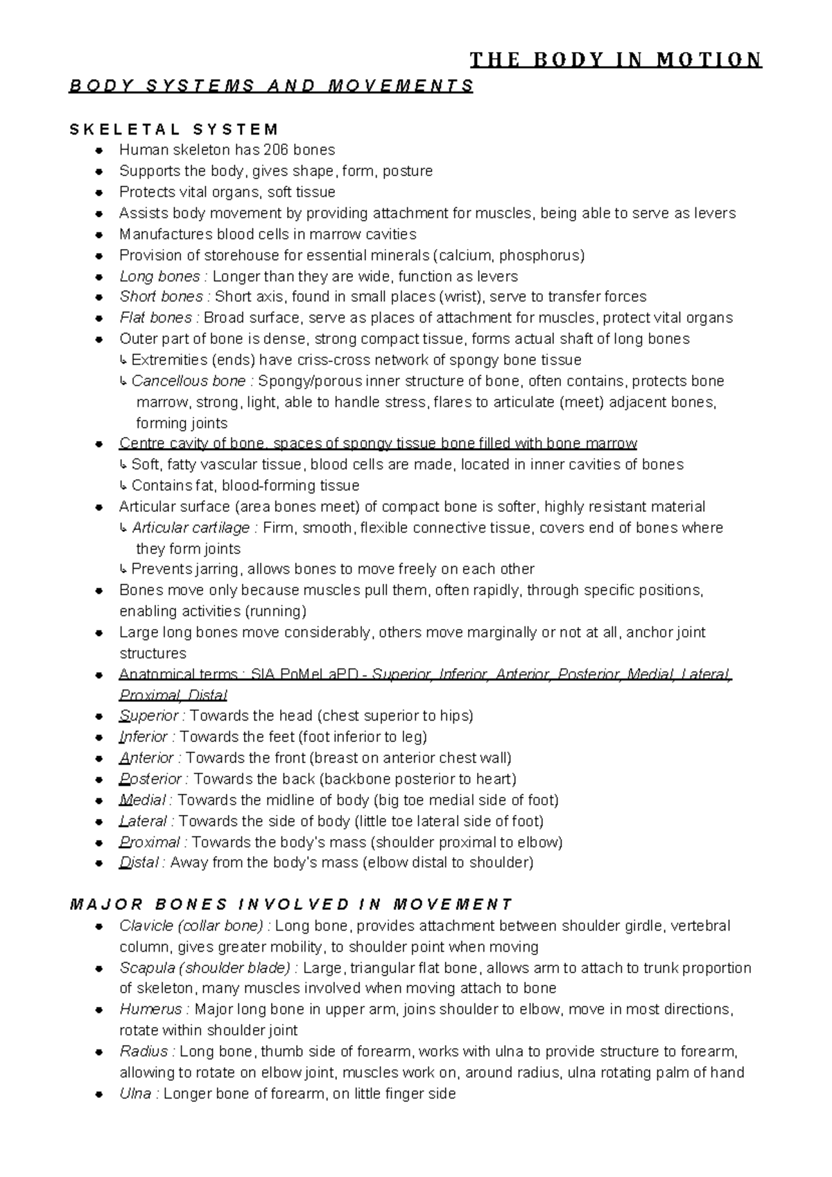 PDHPE - Prelim Notes: The Body in Motion and Skeletal System - Studocu