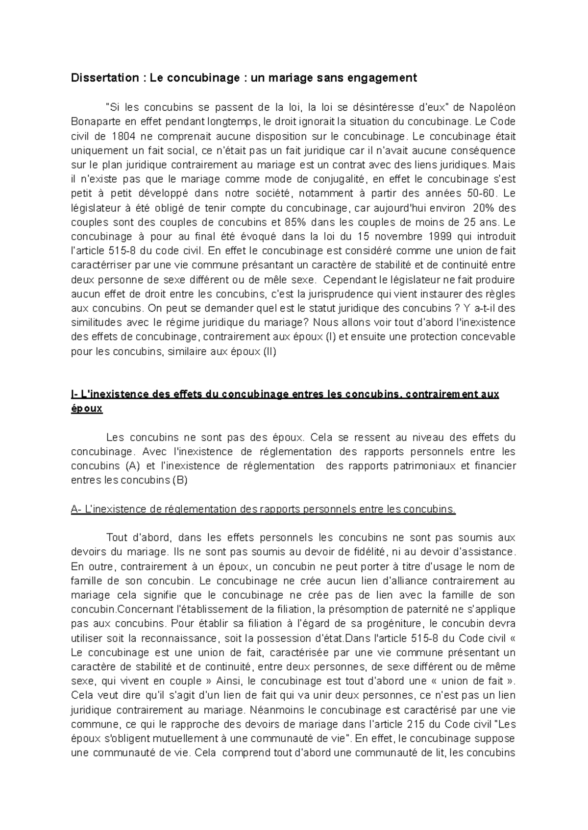 Dissertation sur le concubinage : un mariage sans engagement (DISS 101 ...