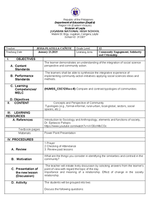 CESC HUMSS 12 Lesson Plan - Community Engagement Activities - Studocu
