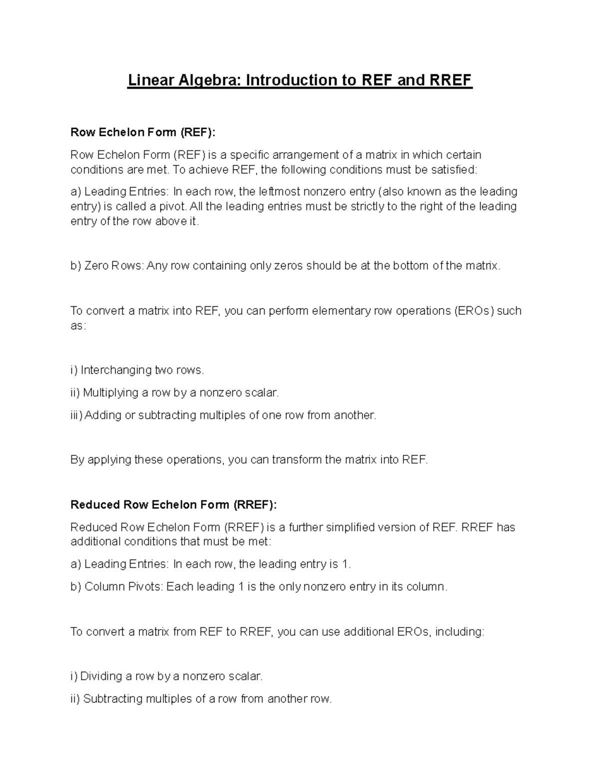 Linear Algebra: REF & RREF Notes for Matrix Transformations - Studocu