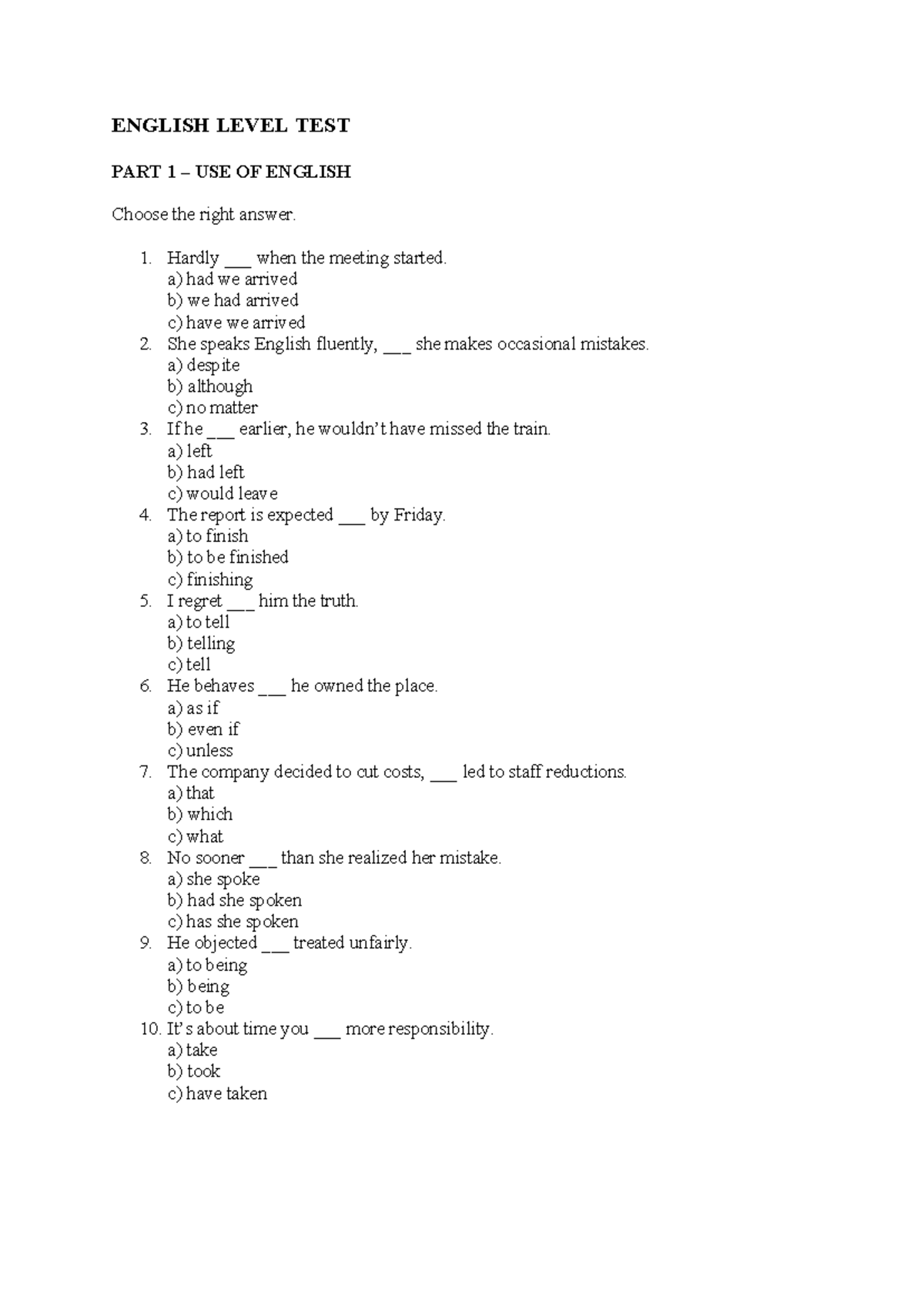 ENGLISH LEVEL TEST B2 - PART 1 USE OF ENGLISH & VOCABULARY - Studocu