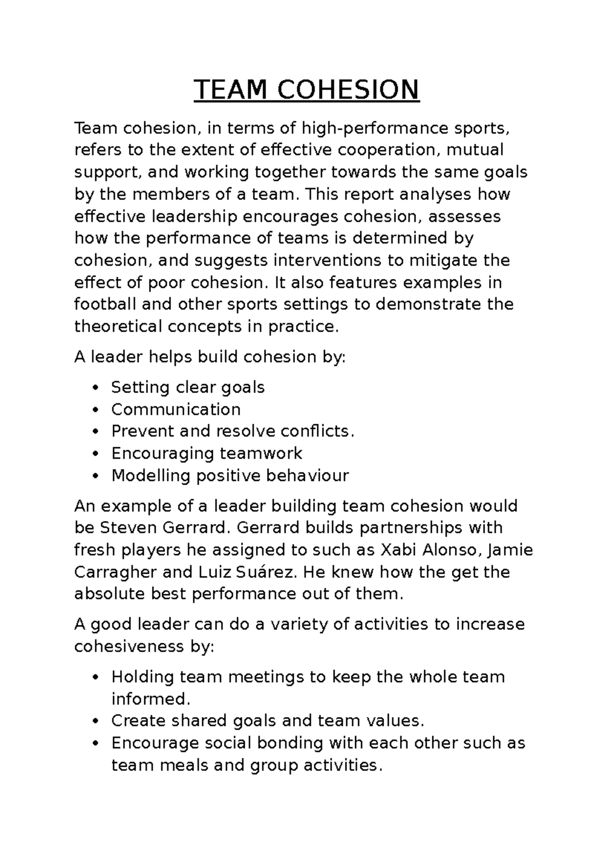 BTEC Sport: Team Cohesion Analysis and Leadership Strategies - Studocu