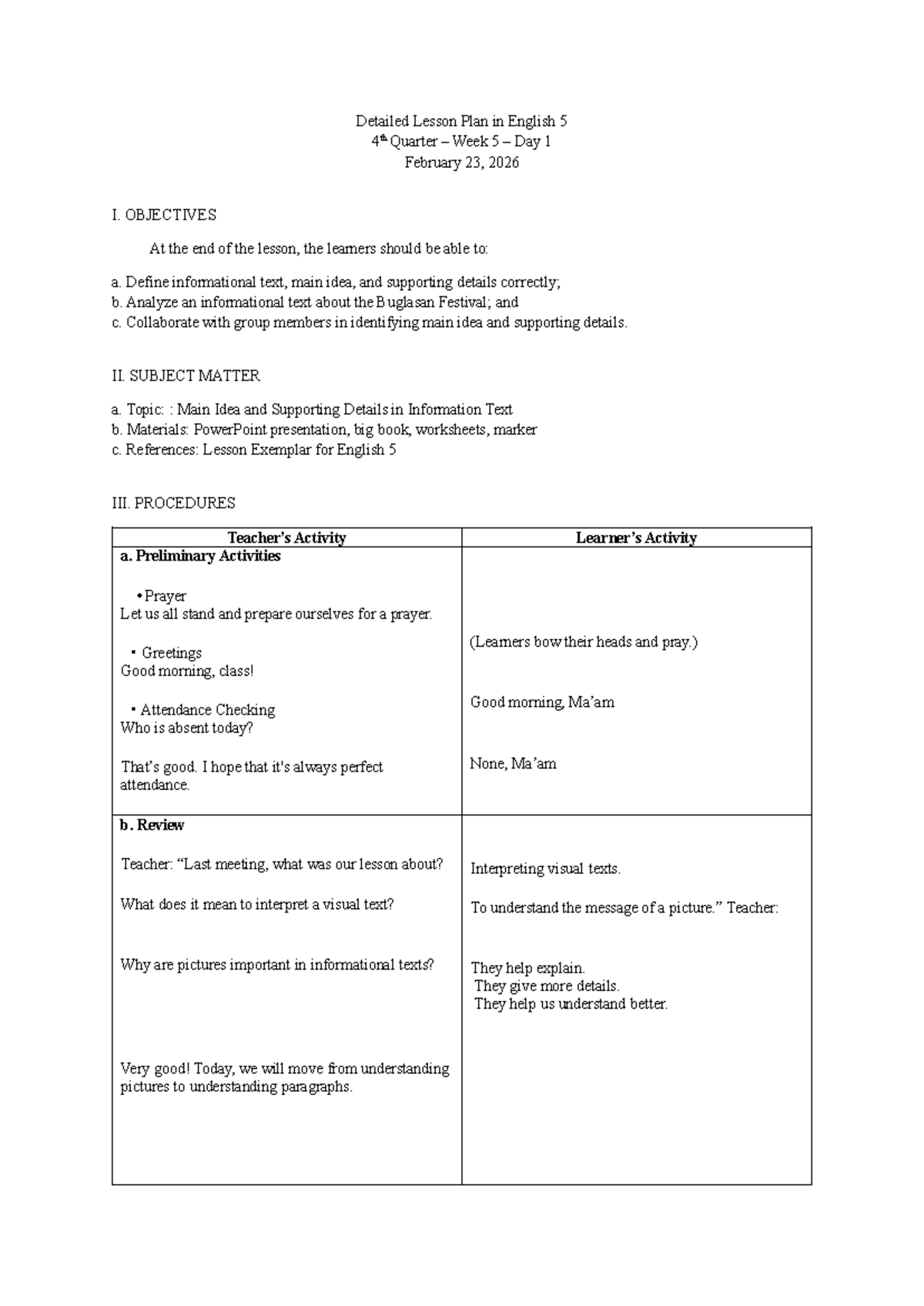DLP English 5: Main Idea & Supporting Details Lesson Plan - Studocu