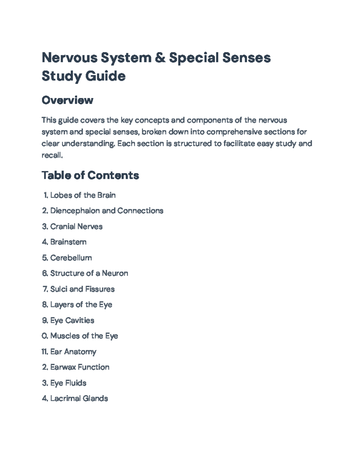 Nervous System & Special Senses Study Guide for Anatomy Class - Nervous ...