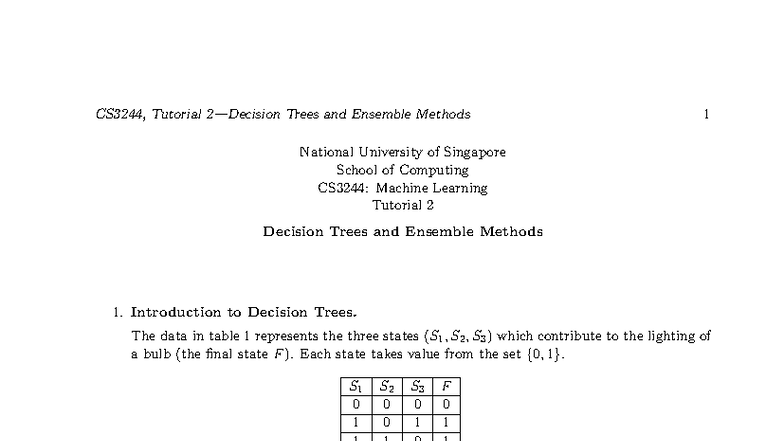 T02 - No answer provided - CS3244, Tutorial 2—Decision Trees and Ensemble Methods 1 National ...