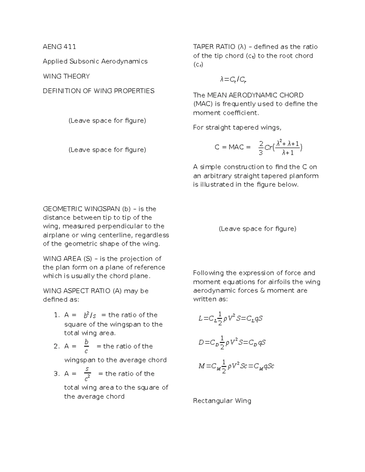 Aerodynamics Equations & Formulas Overview (Course Code: AERO101) - Studocu
