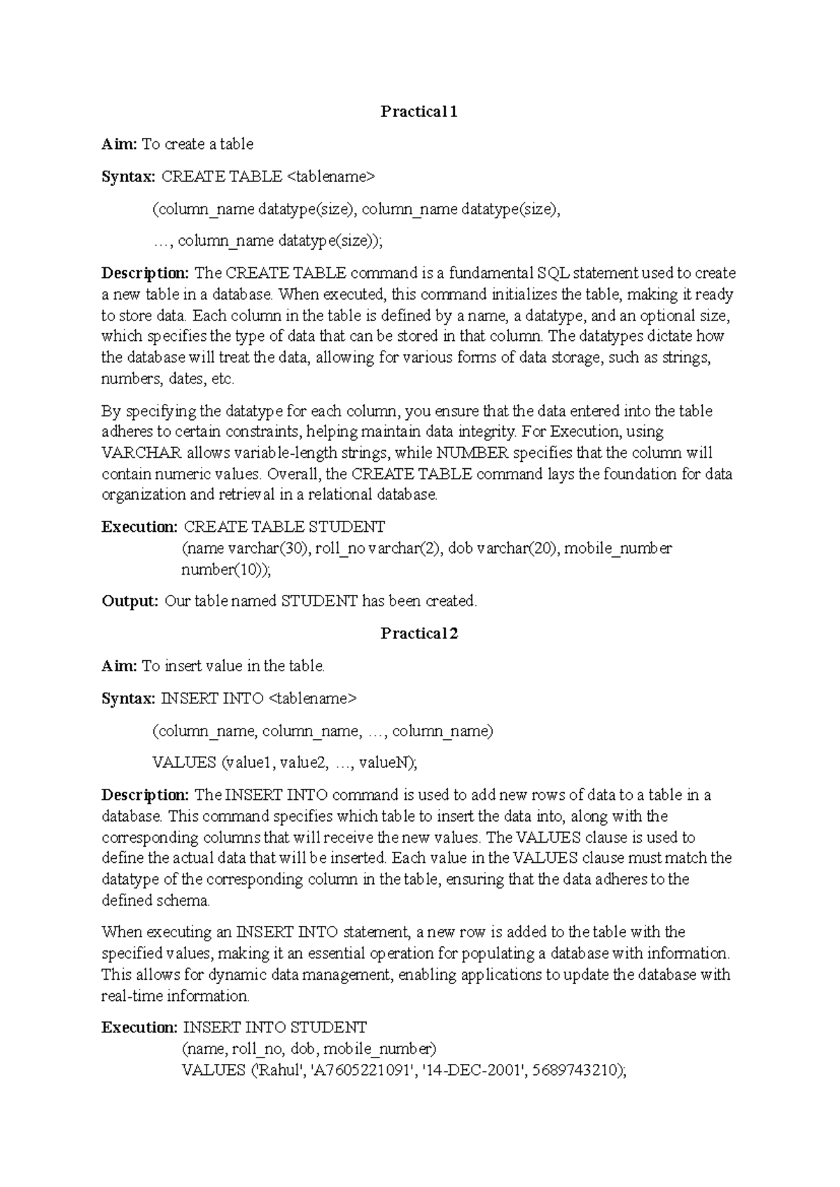 DBMS Practical File - SQL Commands and Operations Guide - Studocu