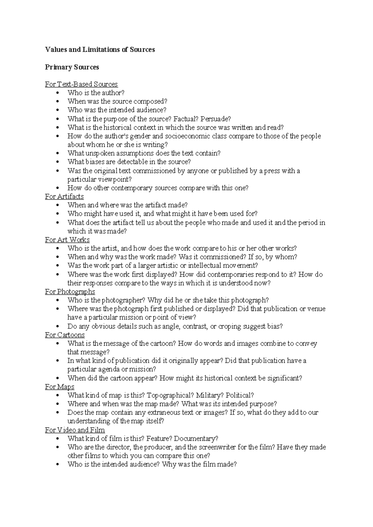 Values and Limitations of Sources - Values and Limitations of Sources ...