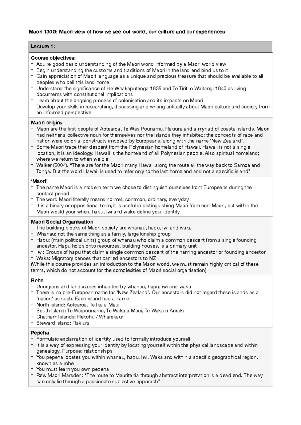 Maori 130G: Comprehensive Notes on Maori Culture and Worldview - Studocu