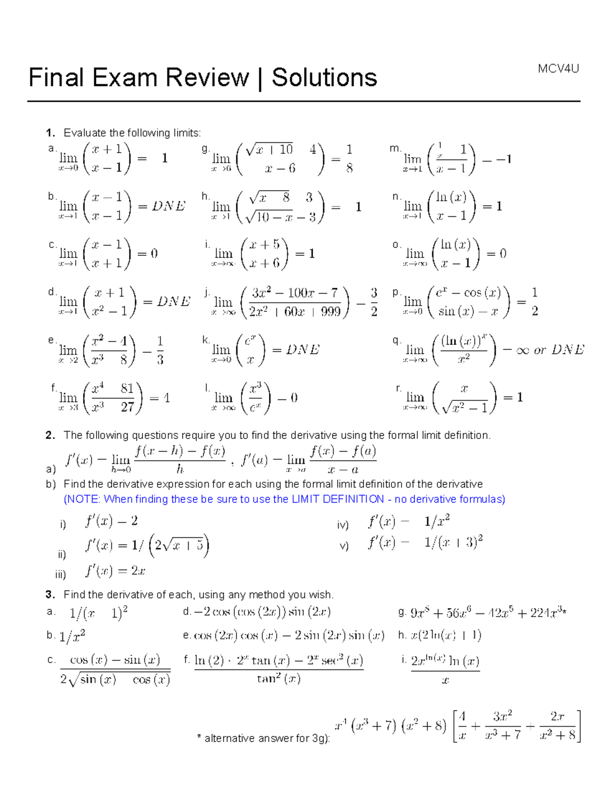 MCV4U Final Exam Review Solutions with Limit & Derivative Problems ...