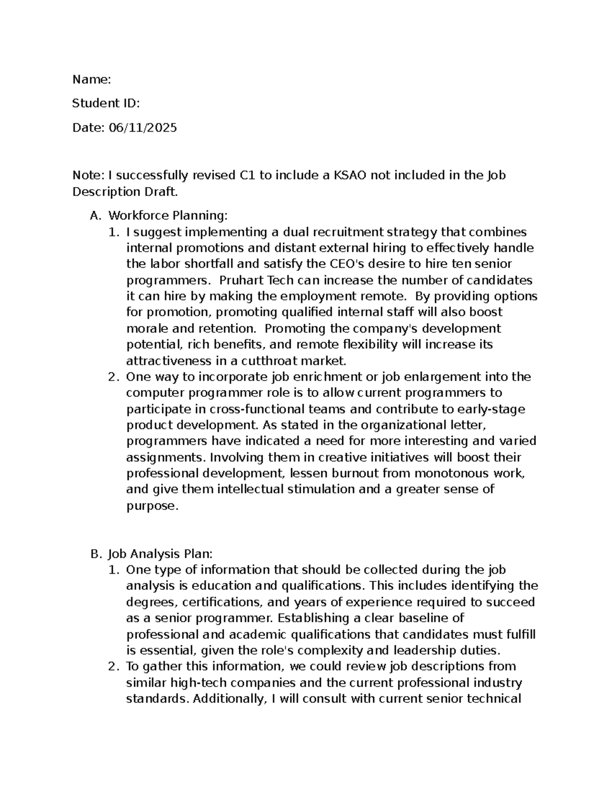 Talent Acquisition D354 - Task 1: Workforce Planning & Job Analysis ...