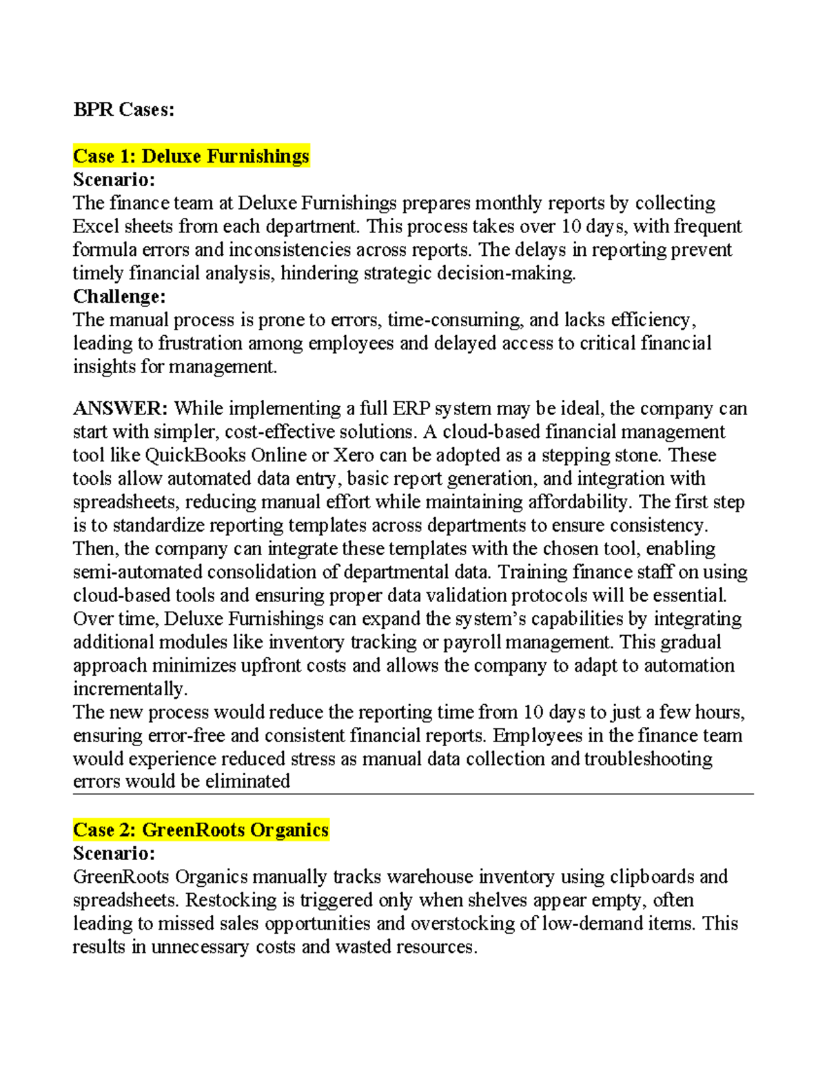 BPR Cases: Streamlining Operations for Deluxe Furnishings & More - Studocu