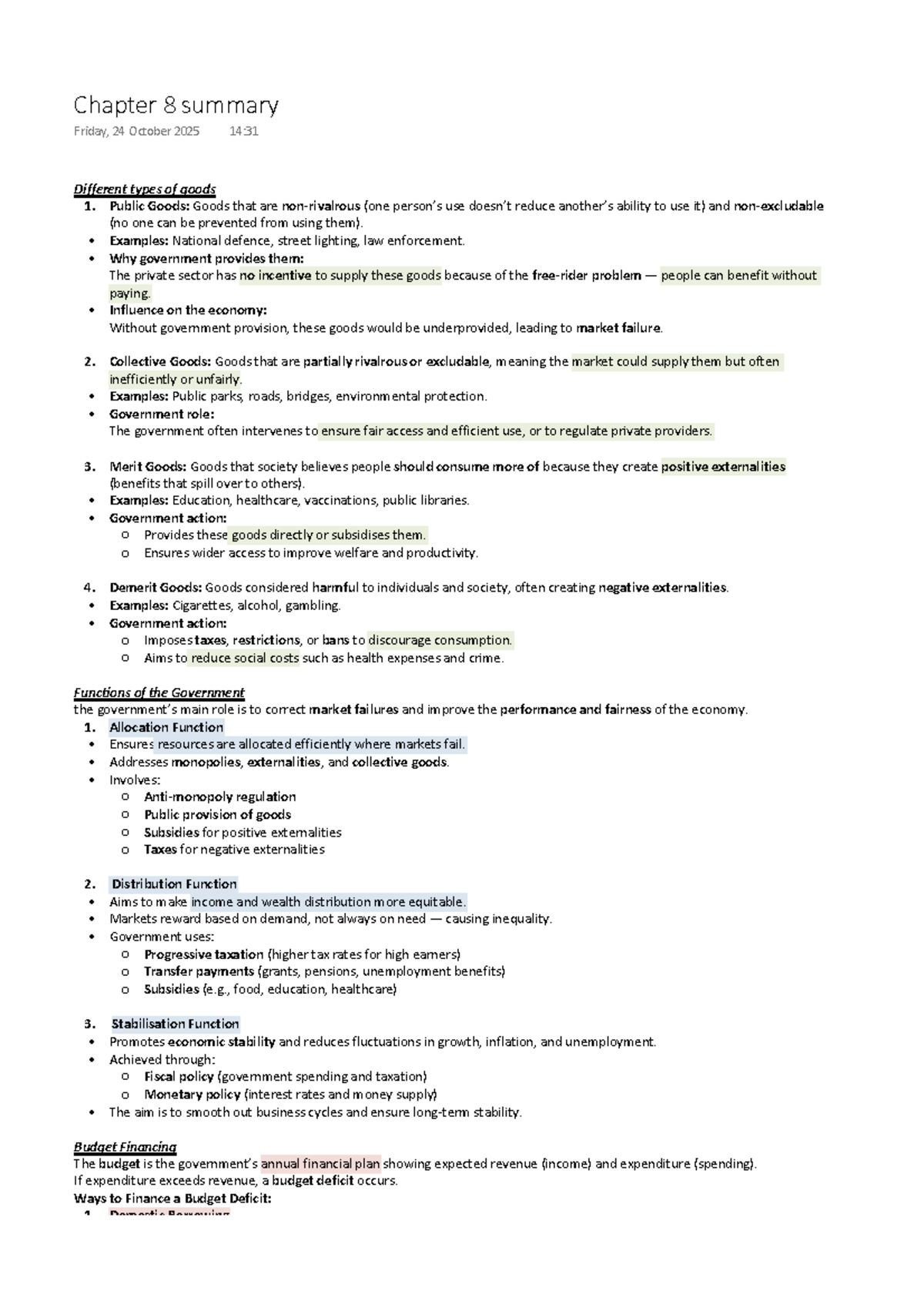 Chapter 8 Summary: Types of Goods and Government Functions - Studocu