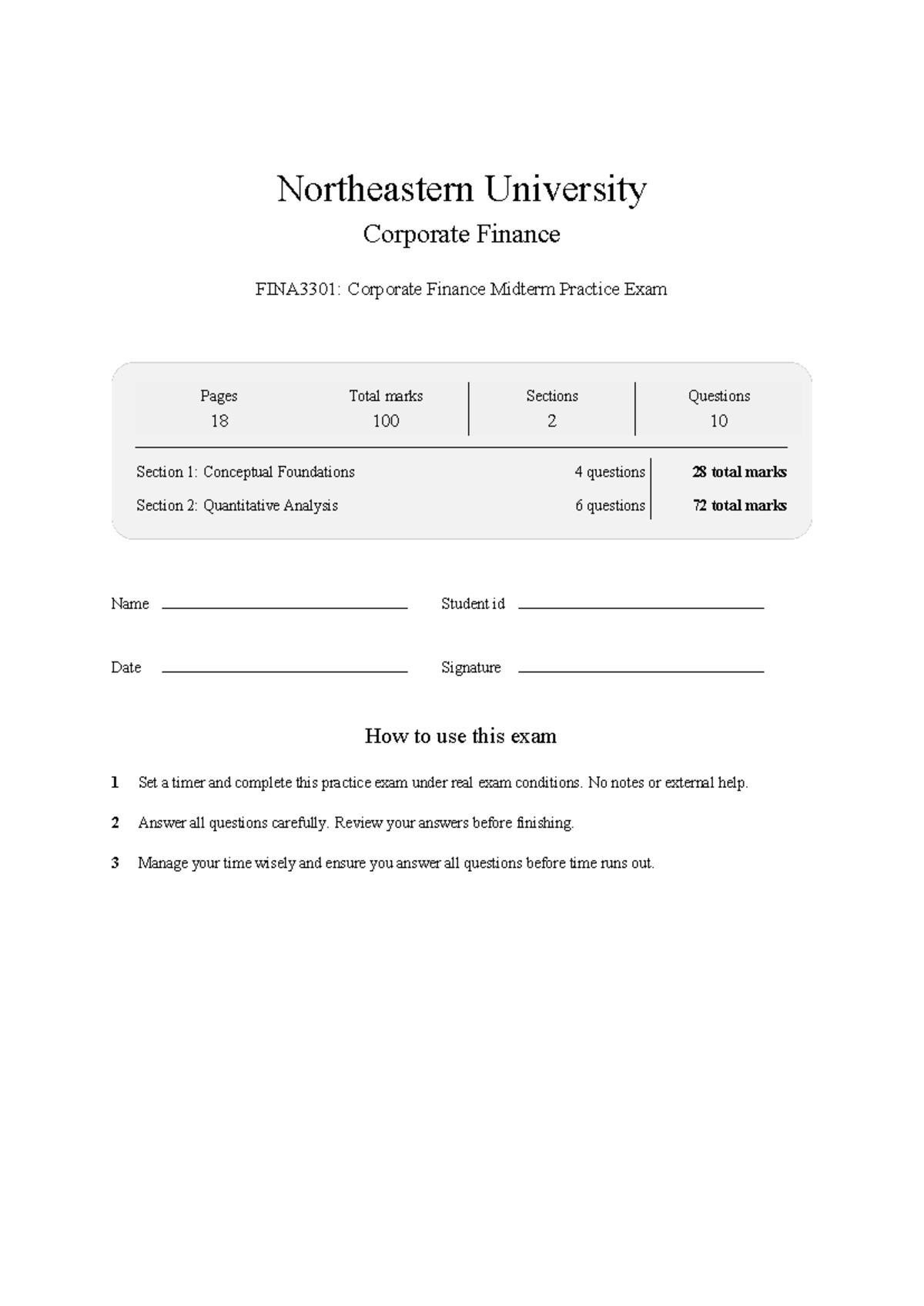 FINA3301 Corporate Finance Midterm Practice Exam Guide 2026 - Studocu